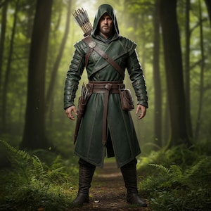 Green Hooded Leather Ranger Coat: Medieval Archer Assassin Costume - Etsy