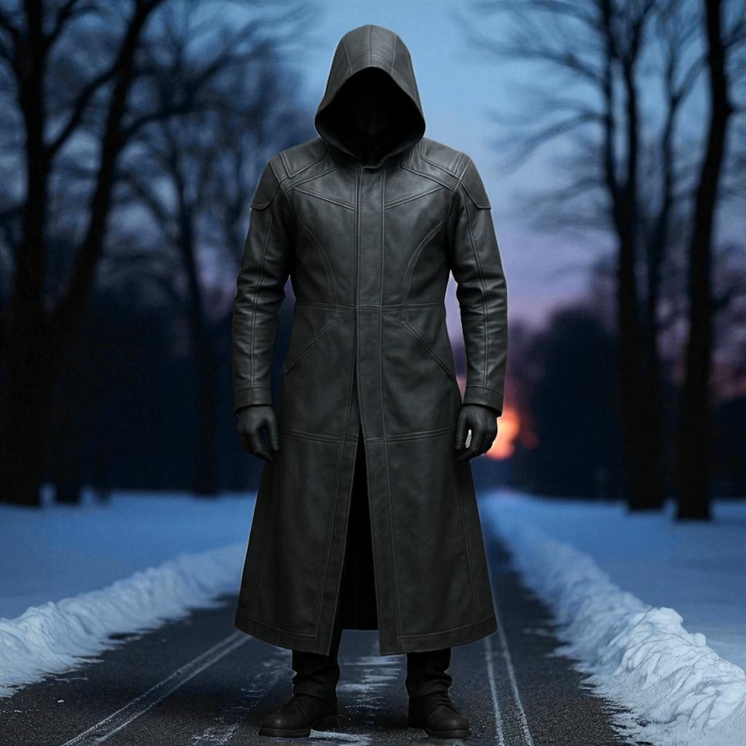 Black Hooded Leather Cloak – Assassin Style Long Trench Coat, Tactical ...
