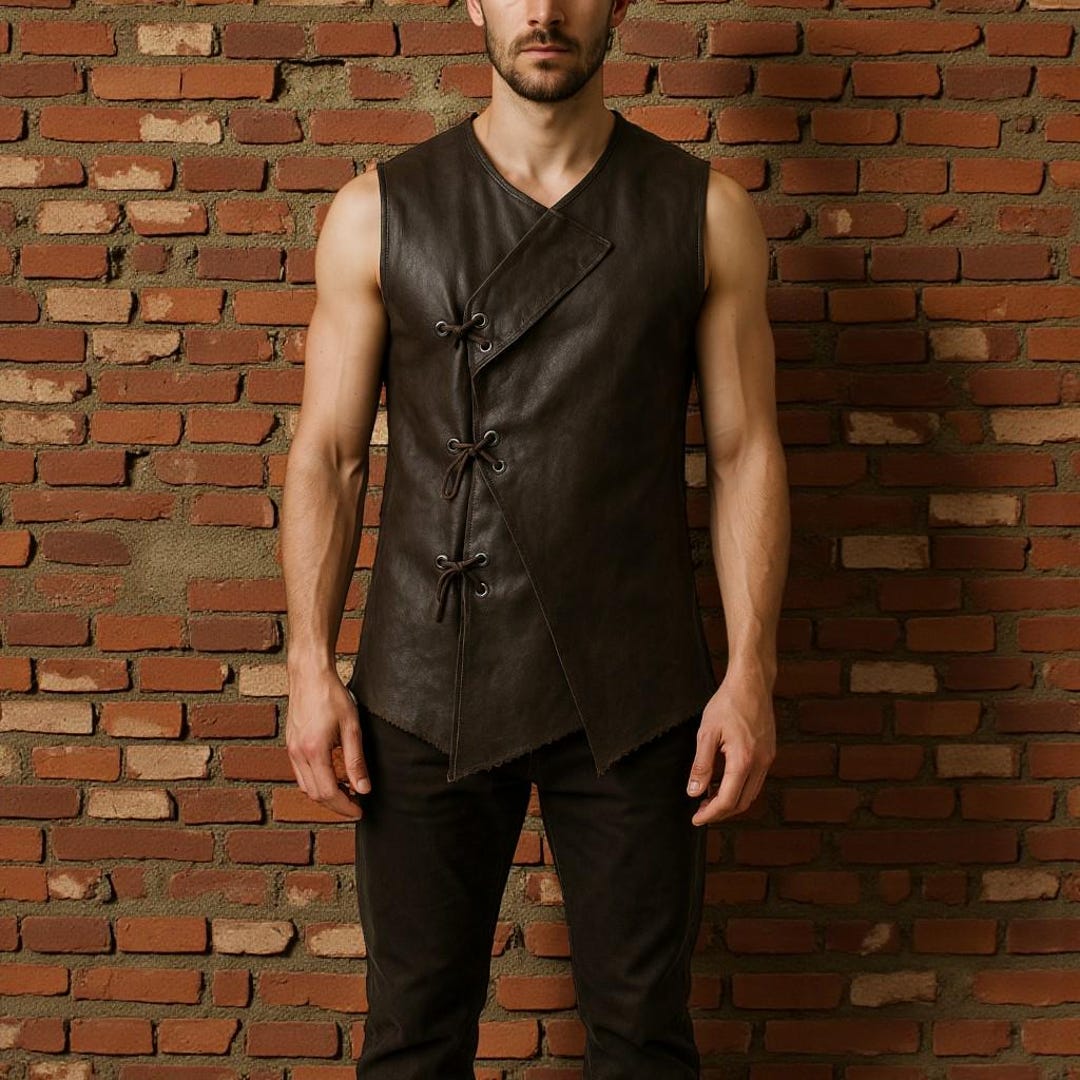 Men’s Genuine Leather Overlay Wrap Vest – Sleeveless Raw-edge ...
