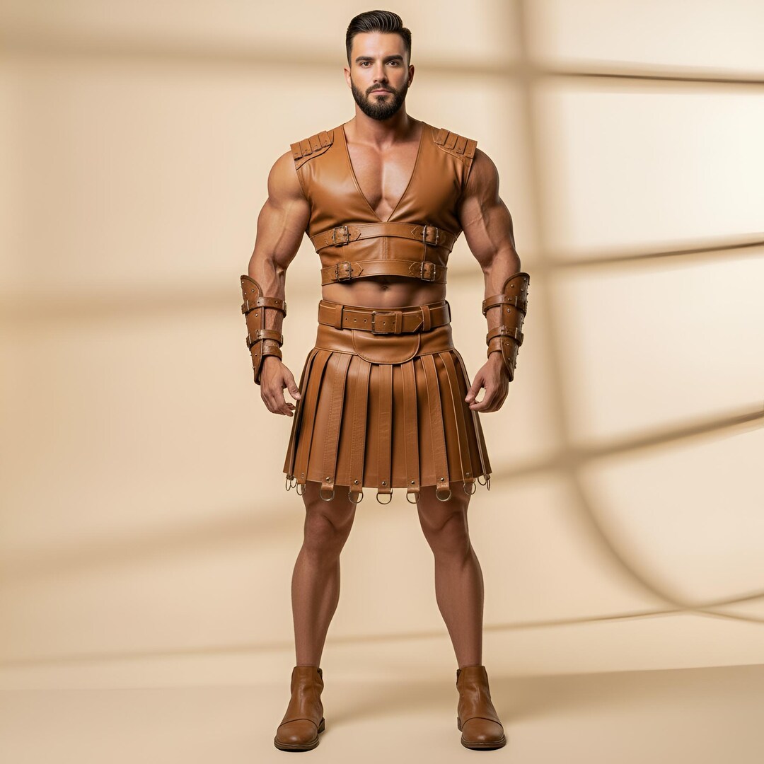 Men's Brown Leather Kilt Vest Set, Gladiator Roman Inspired Costume ...