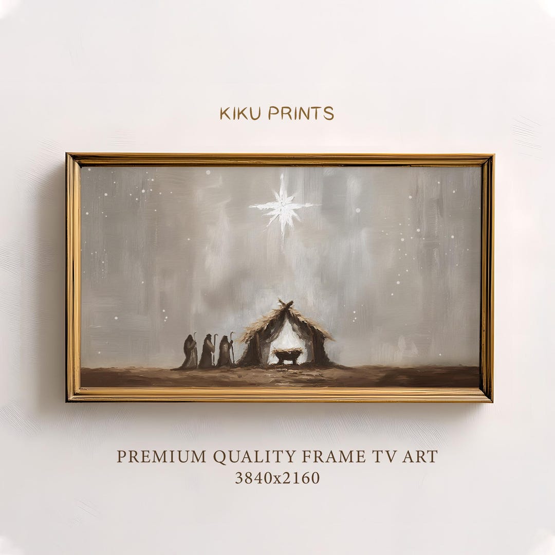 Christmas Manger Frame TV Art Jesus Nativity Wall Art, Neutral ...