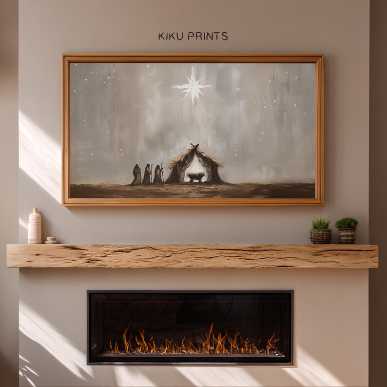 Christmas Manger Frame TV Art Jesus Nativity Wall Art, Neutral ...