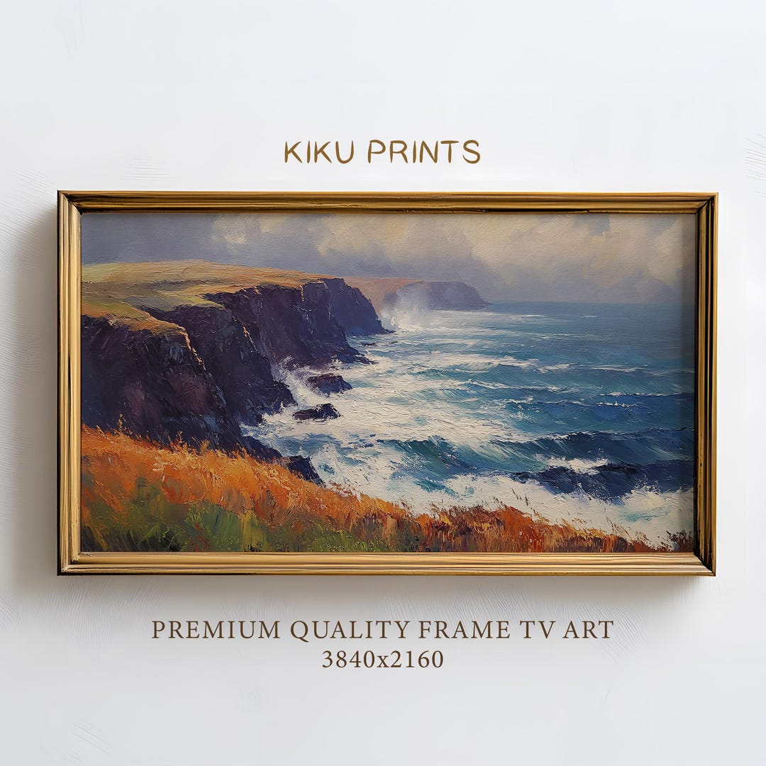 Quadro costeiro de outono TV Art Irish Cliffs Pintura a óleo vintage ...