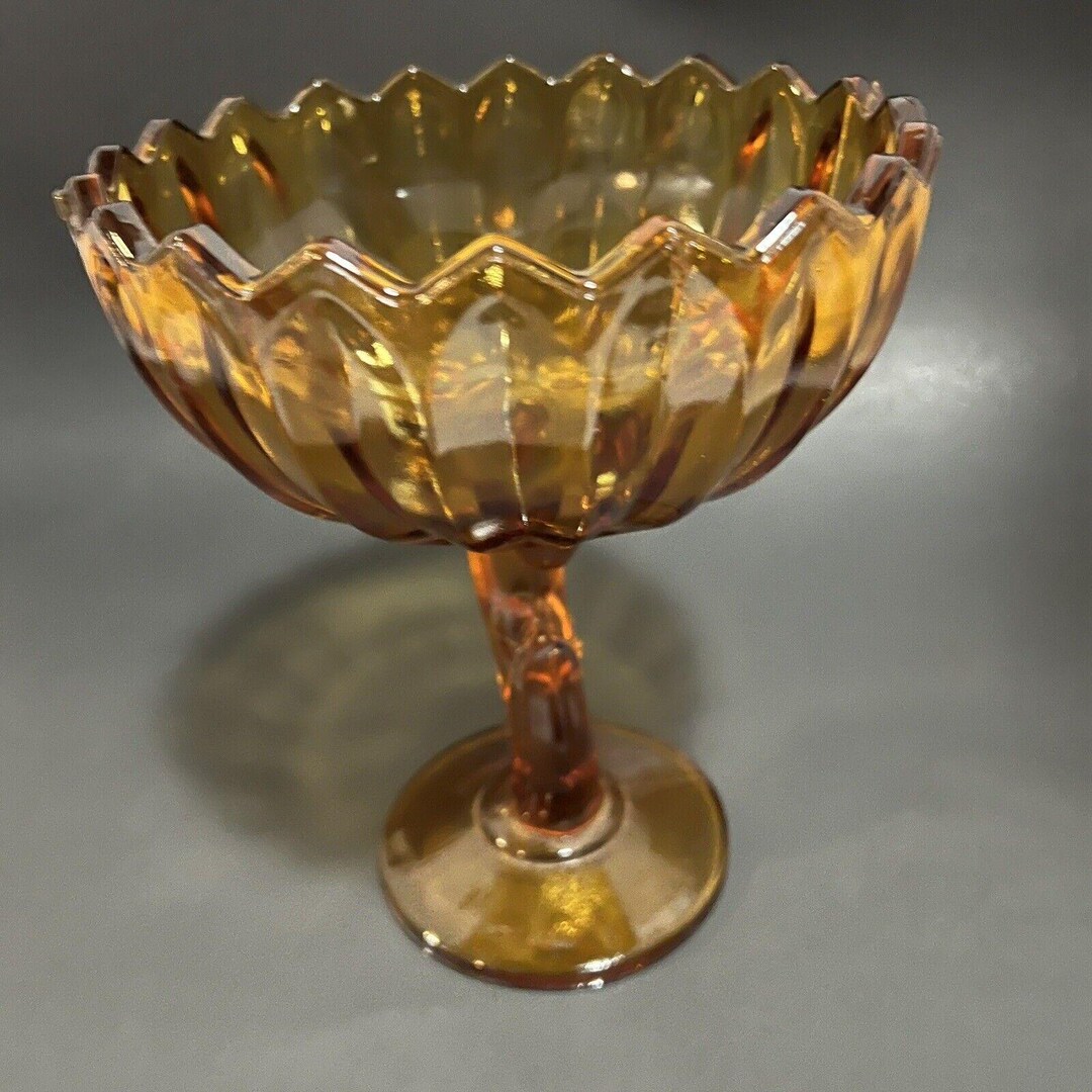 Vintage Indiana Glass Amber Lotus Blossom 7.5 Inch Compote Candy Dish ...