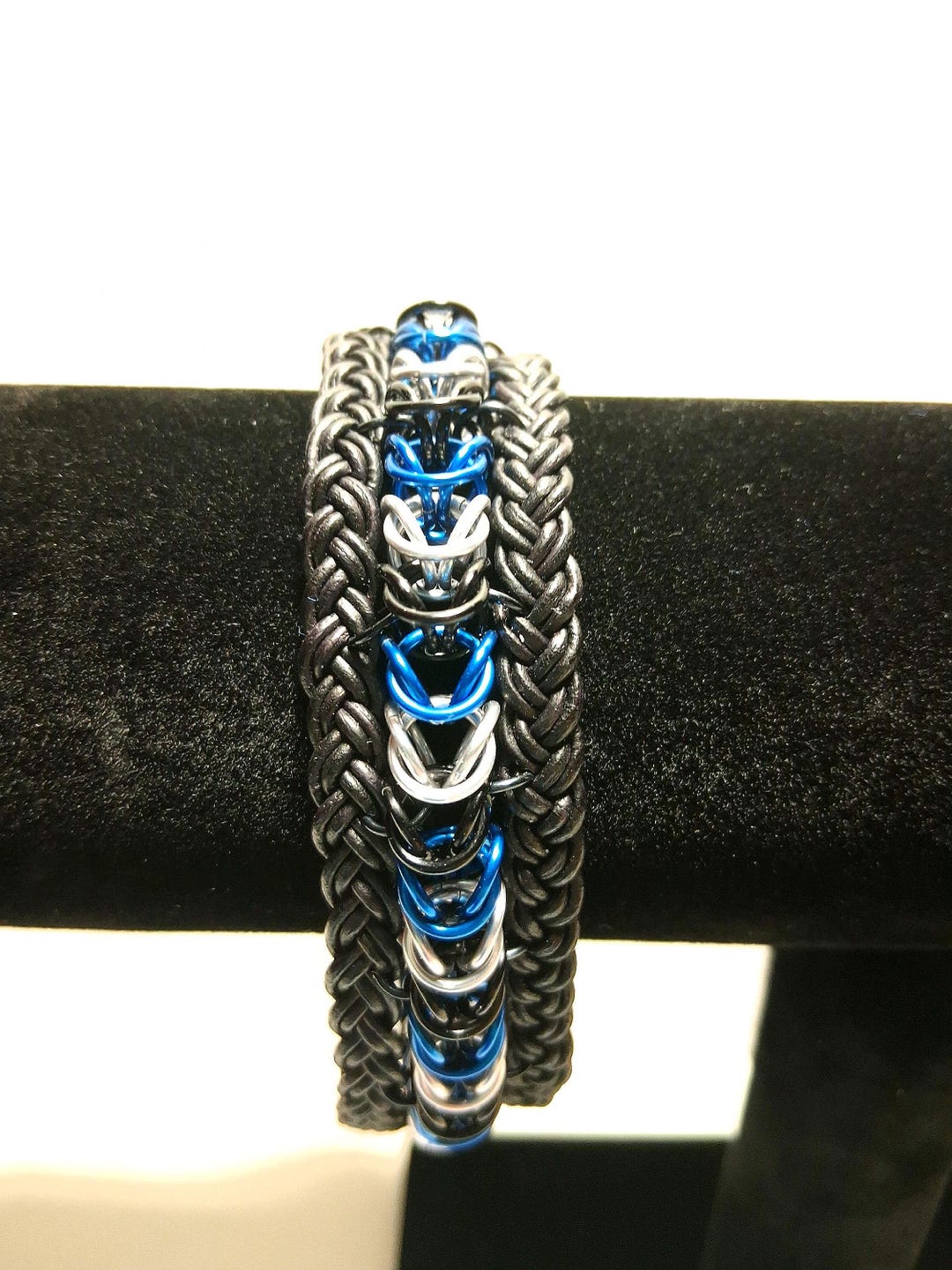 Box Weave Chainmail and Leather Bracelet: Black, Blue and Silver ...