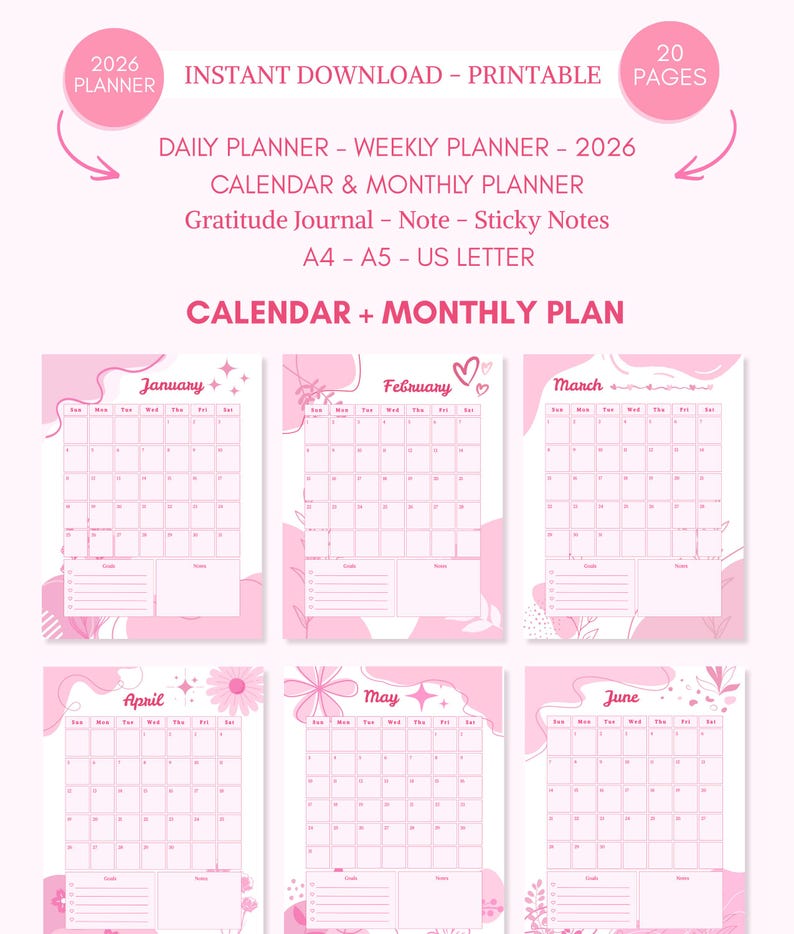 2026 PRINTABLE PLANNER: Daily/weekly/montly Planner, Calendar, Journal ...