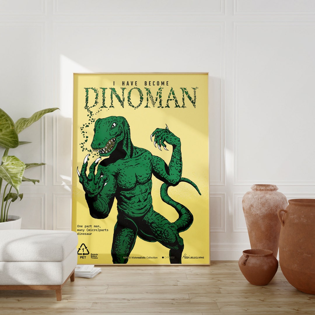 Dinoman Poster by Massi Teleglyphs, Dinosaur Wall Art, Vintage Poster ...