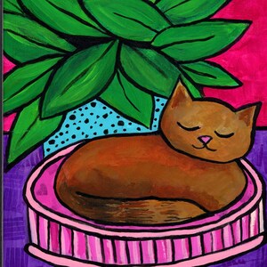 Cat Nap Print Brown Cat or Kitten Art Sleeping Animal With Potted Plant ...