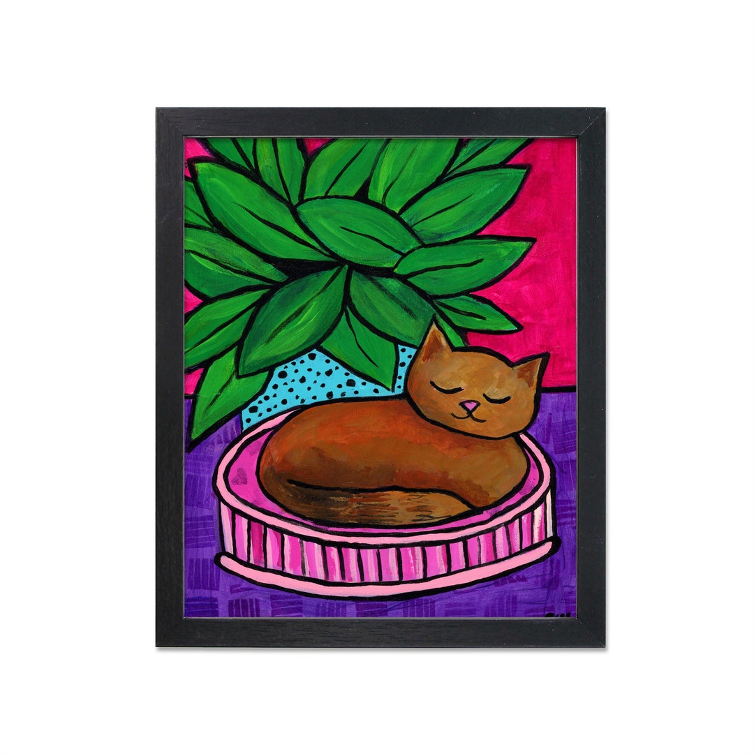 Cat Nap Print Brown Cat or Kitten Art Sleeping Animal With Potted Plant ...