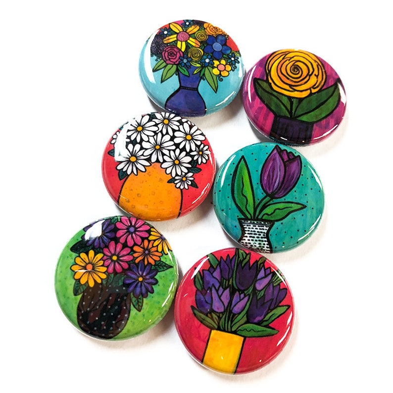 Flower Magnet Set or Flower Pin Set - Colorful Cute Magnets or Pinback ...