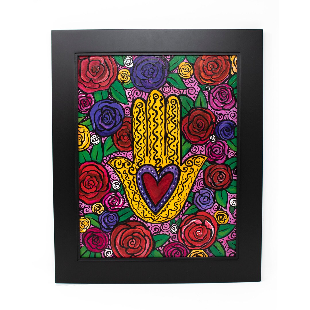 Original Hamsa Wall Art - Rose Hamsa Painting With Heart and Flowers ...