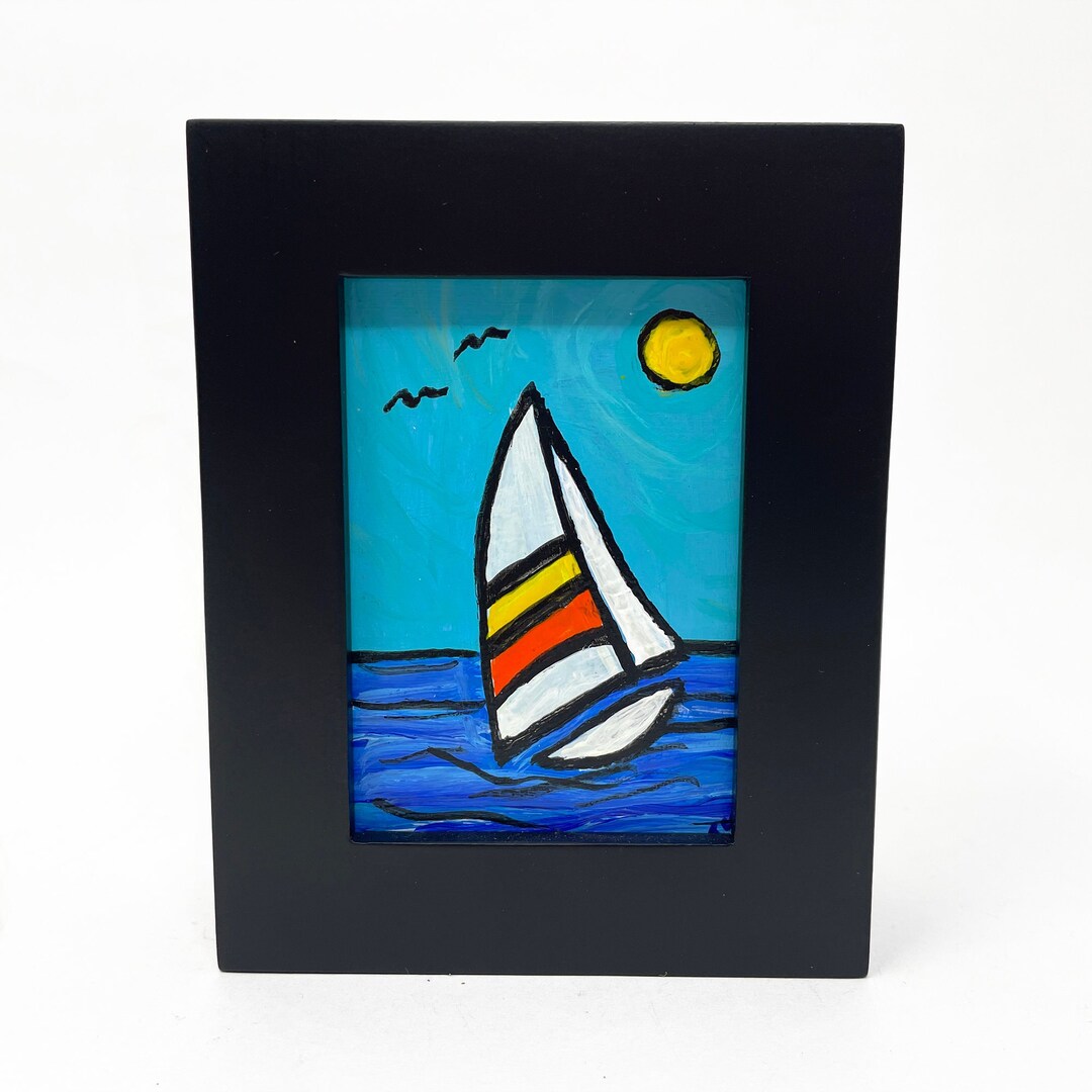 Mini Sailboat Painting in Frame - Original Nautical Art for Desk, Shelf ...