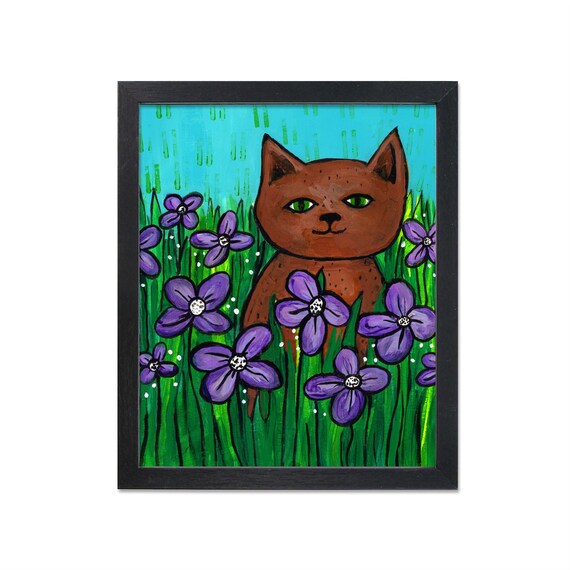 Brown Cat Art Print Playful Cat in Field of Purple Flowers | Etsy