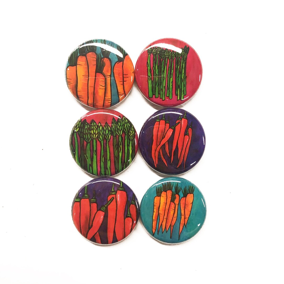 Vegetable Magnet Set or Veggie Pin Set - Carrots, Chili Peppers, and ...
