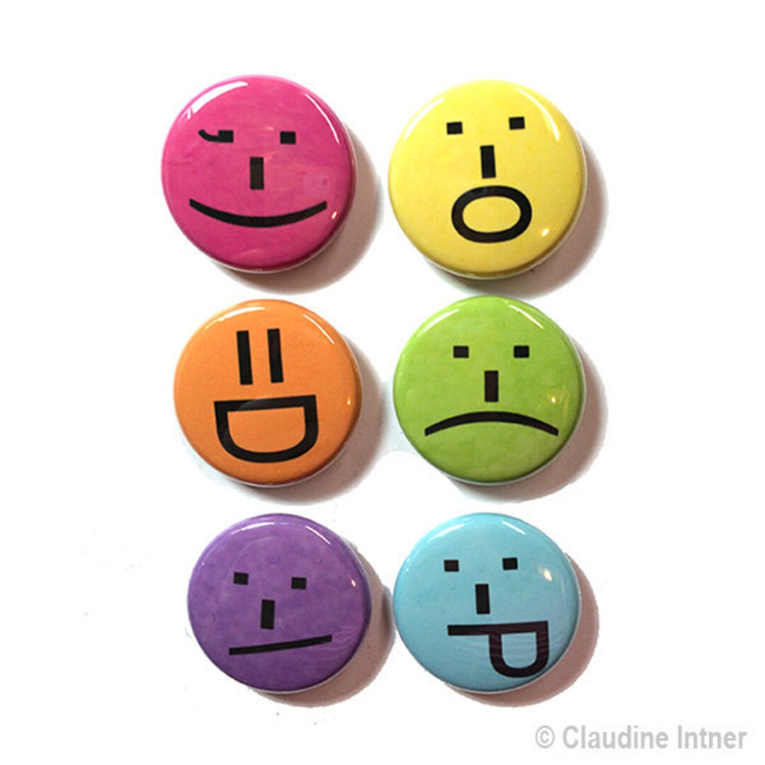 Smile Magnets or Pins - Emoticons, Emoji Smiley Face Pinback Button Set ...