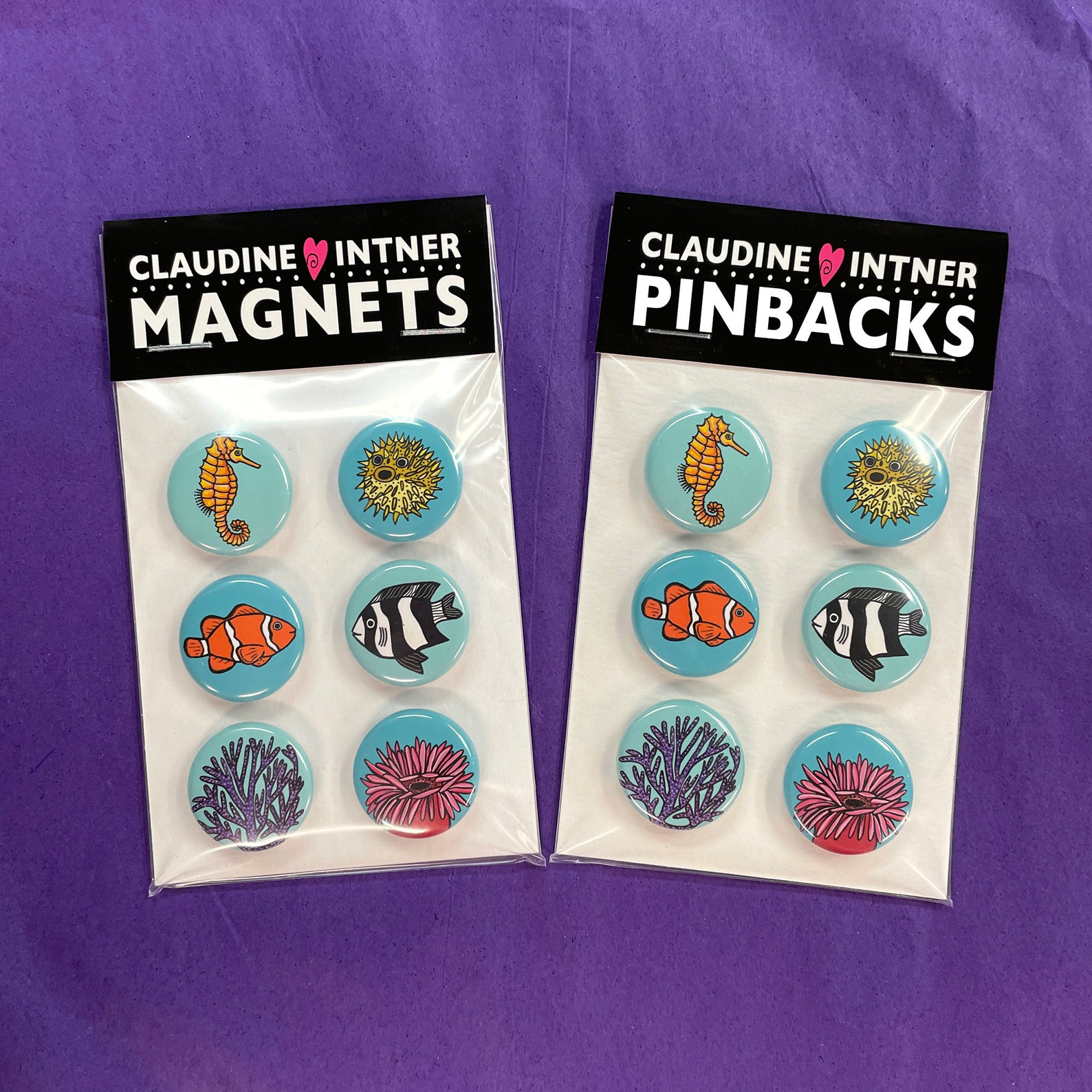 Coral Reef Fish Magnet or Pinback Button Set - Clownfish, Damselfish ...