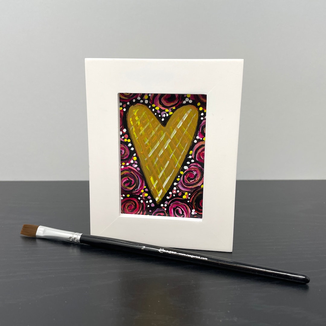 Small Gold Heart Art Mini Heart Painting in White Frame With Roses Gift ...