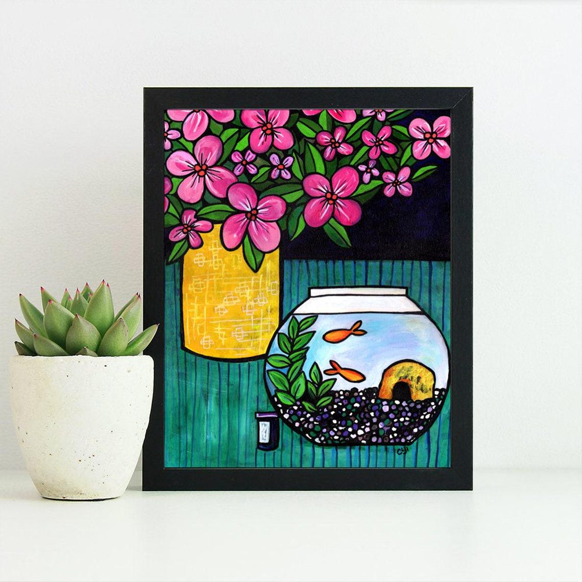 Goldfish Art Print - Floral Still Life With Gold Fish Bowl - Etsy