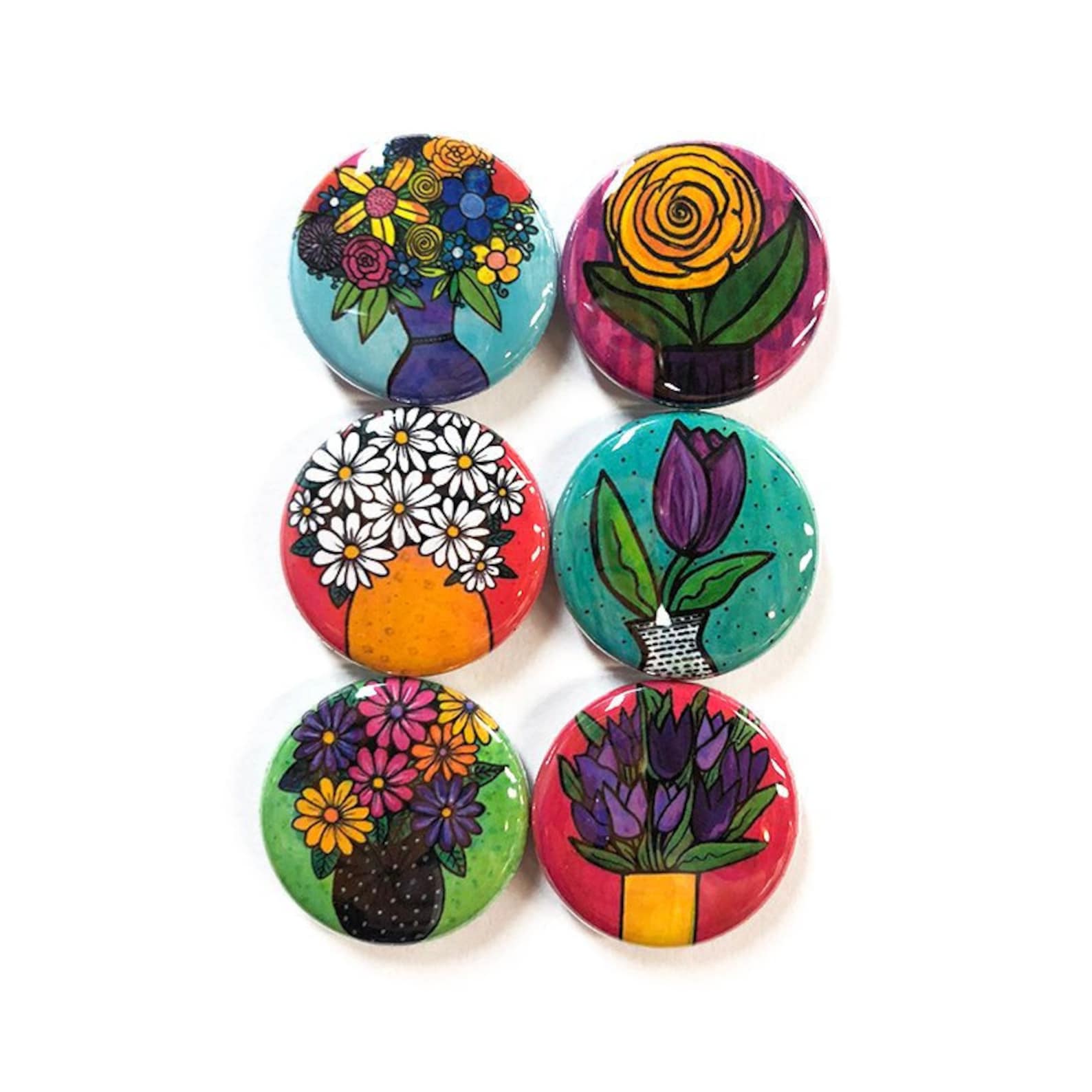 Flower Magnet Set or Flower Pin Set - Colorful Cute Magnets or Pinback ...