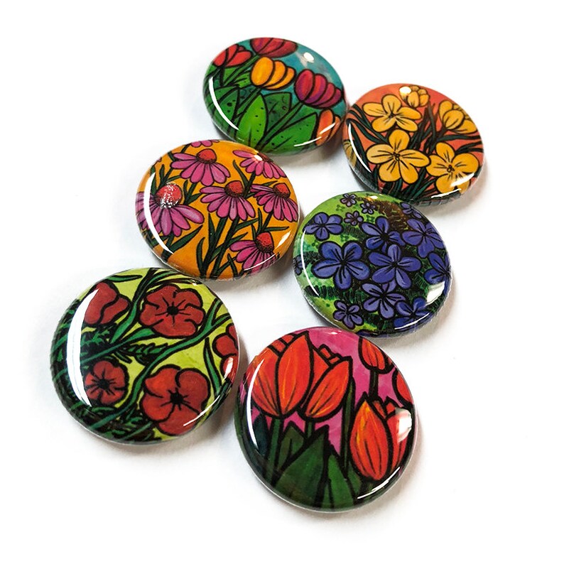 Set of 6 Flower Pin Back Buttons or Flower Magnets Tulips | Etsy