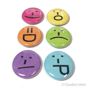 Smile Magnets or Pins - Emoticons, Emoji Smiley Face Pinback Button Set ...