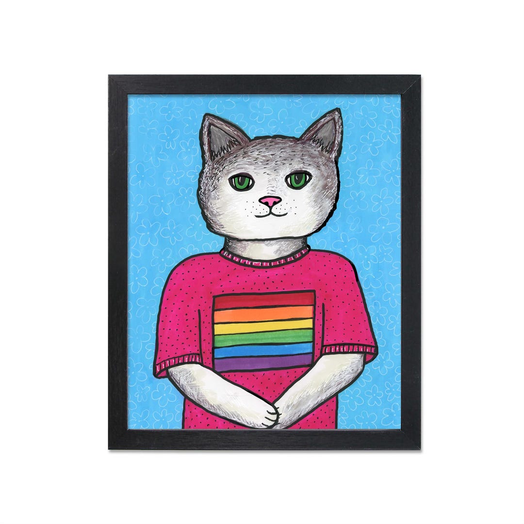 Sarah the Cat Pride Art Print - Cute Gray and White Cat in Rainbow Flag ...