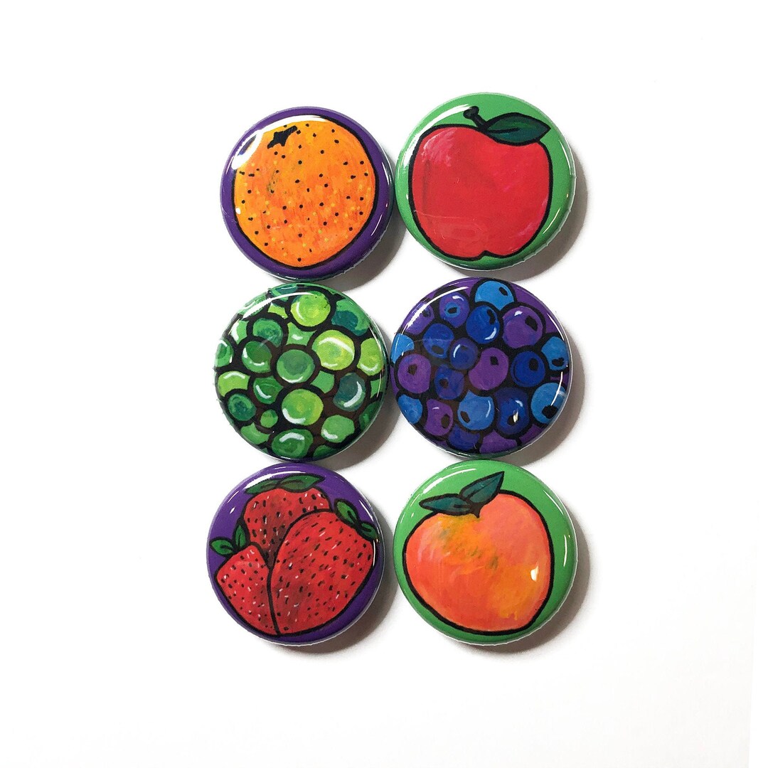 Fruit Magnets or Pinback Buttons - Healthy Food Fridge Magnets or Pins ...