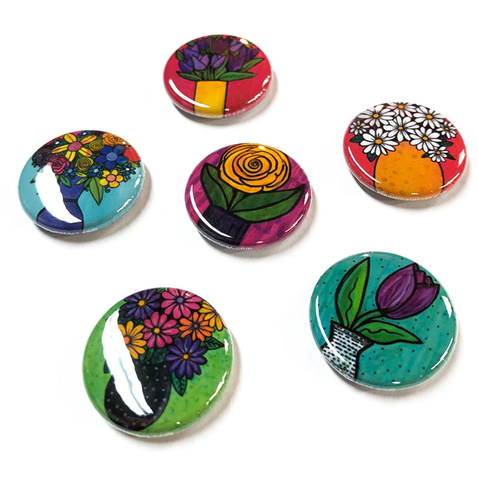 Flower Magnet Set or Flower Pin Set - Colorful Cute Magnets or Pinback ...