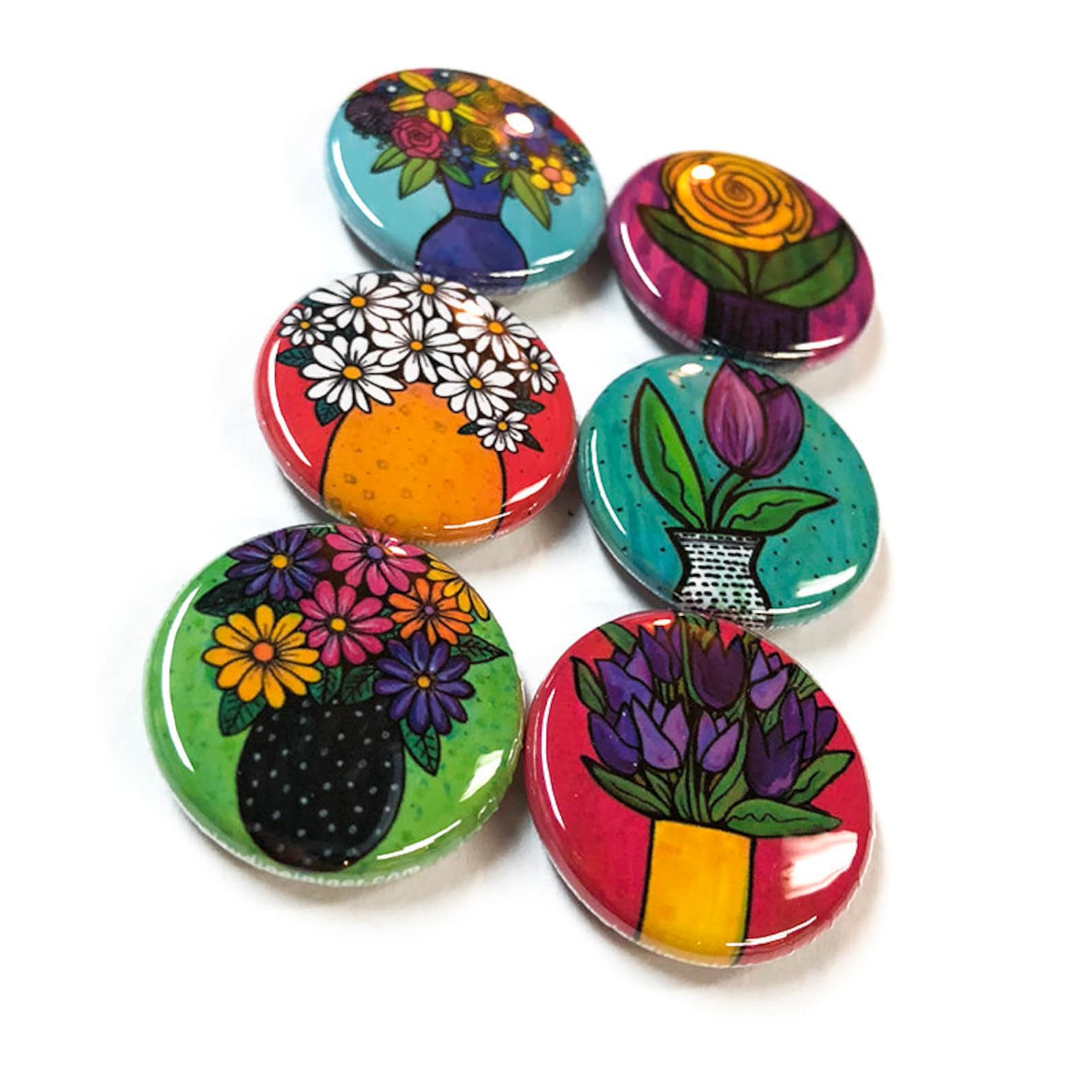 Flower Magnet Set or Flower Pin Set - Colorful Cute Magnets or Pinback ...