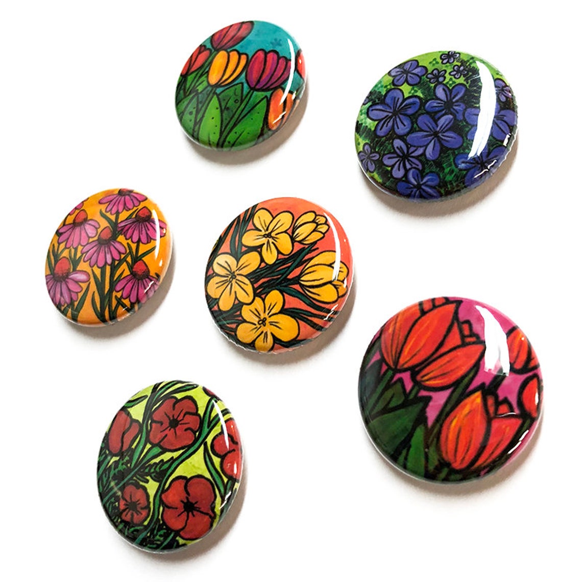 Set of 6 Flower Pin Back Buttons or Flower Magnets Tulips | Etsy