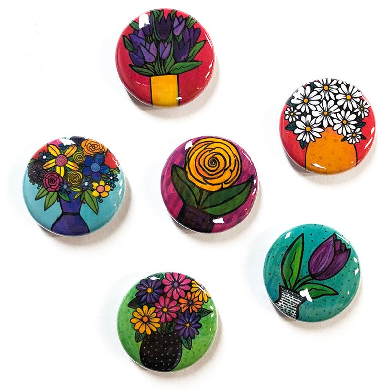 Flower Magnet Set or Flower Pin Set - Colorful Cute Magnets or Pinback ...