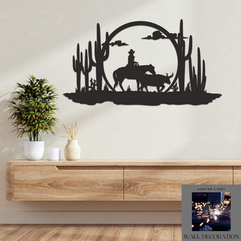 Cowboy Scene and Horse Metal Wall Decor, Rustic Western Cowboy ...