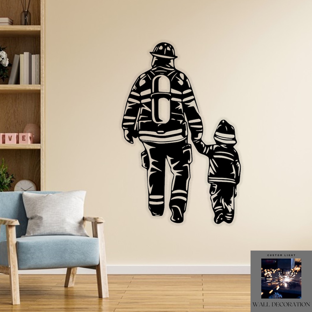Father Child Firefighter Metal Wall Decor,firefighter Modern Home Decor ...