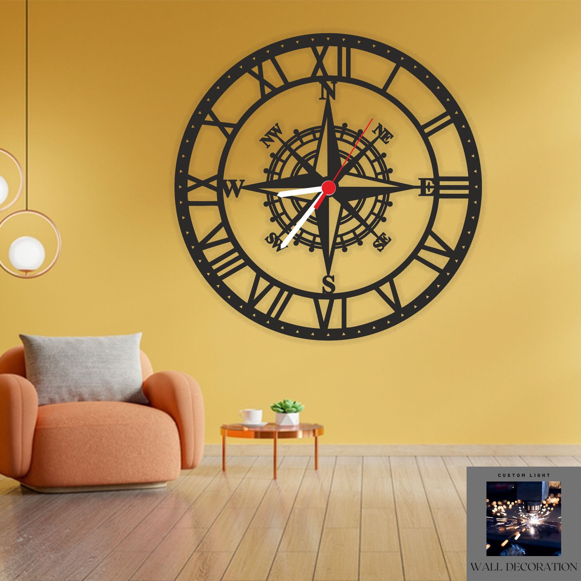 Compass Metal Wall Clock, Luxury Home Decor, Modern Clock, Silent Metal ...