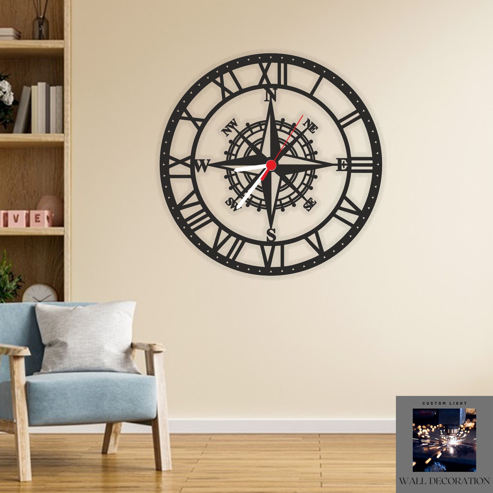 Compass Metal Wall Clock, Luxury Home Decor, Modern Clock, Silent Metal ...