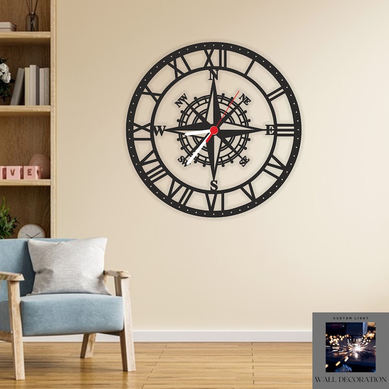 Compass Metal Wall Clock, Luxury Home Decor, Modern Clock, Silent Metal ...