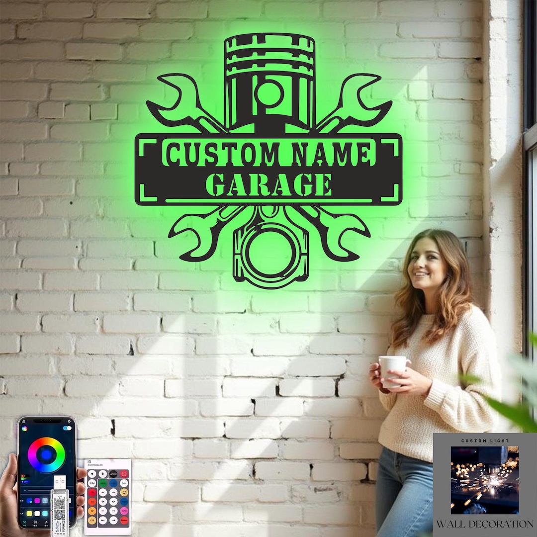 Custom Garage Name RGB LED Metal Wall Art, Personalized Mechanic Shop ...