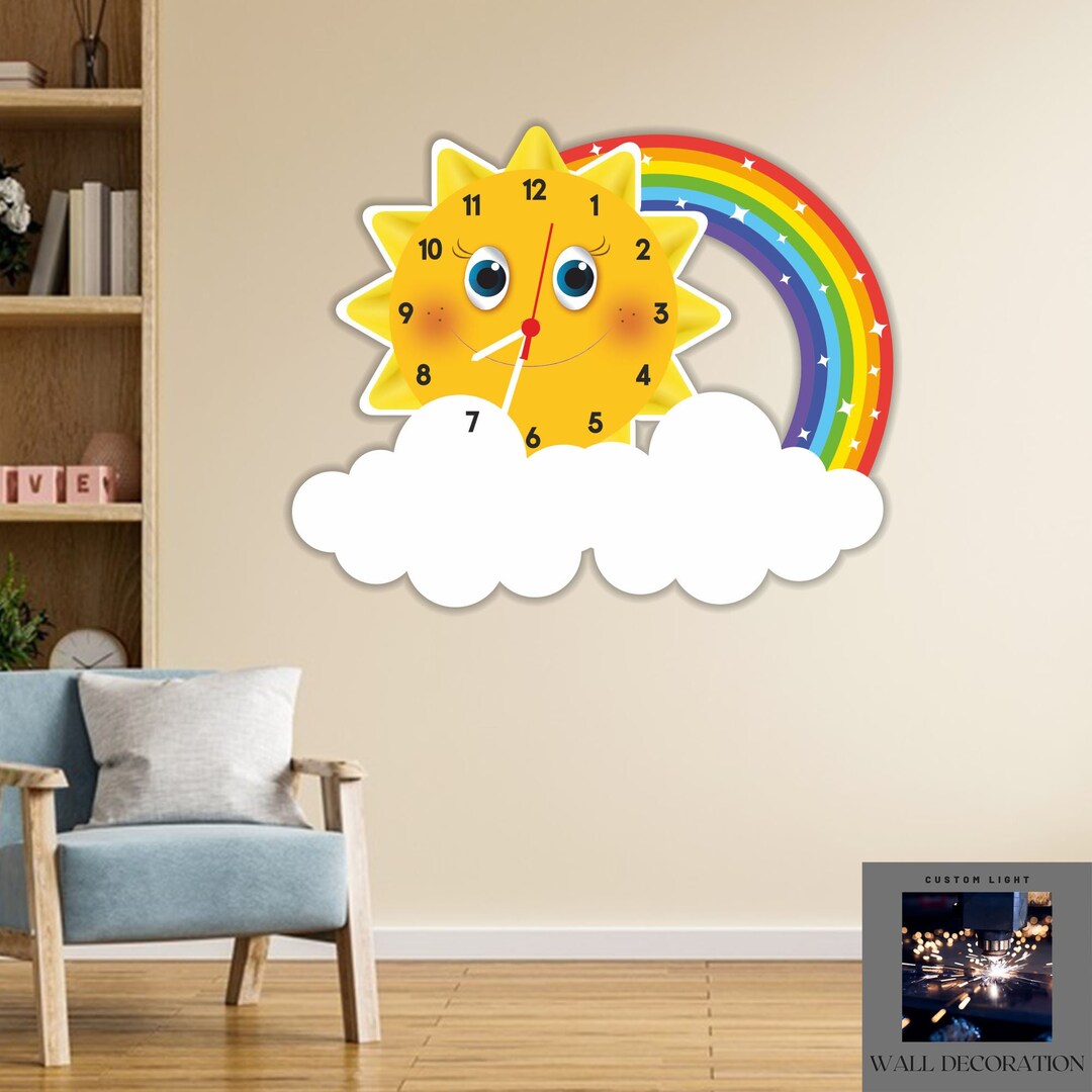 Cute Sun Rainbow Cloud Kids Room Wall Clock, Plexiglass Custom Wall ...