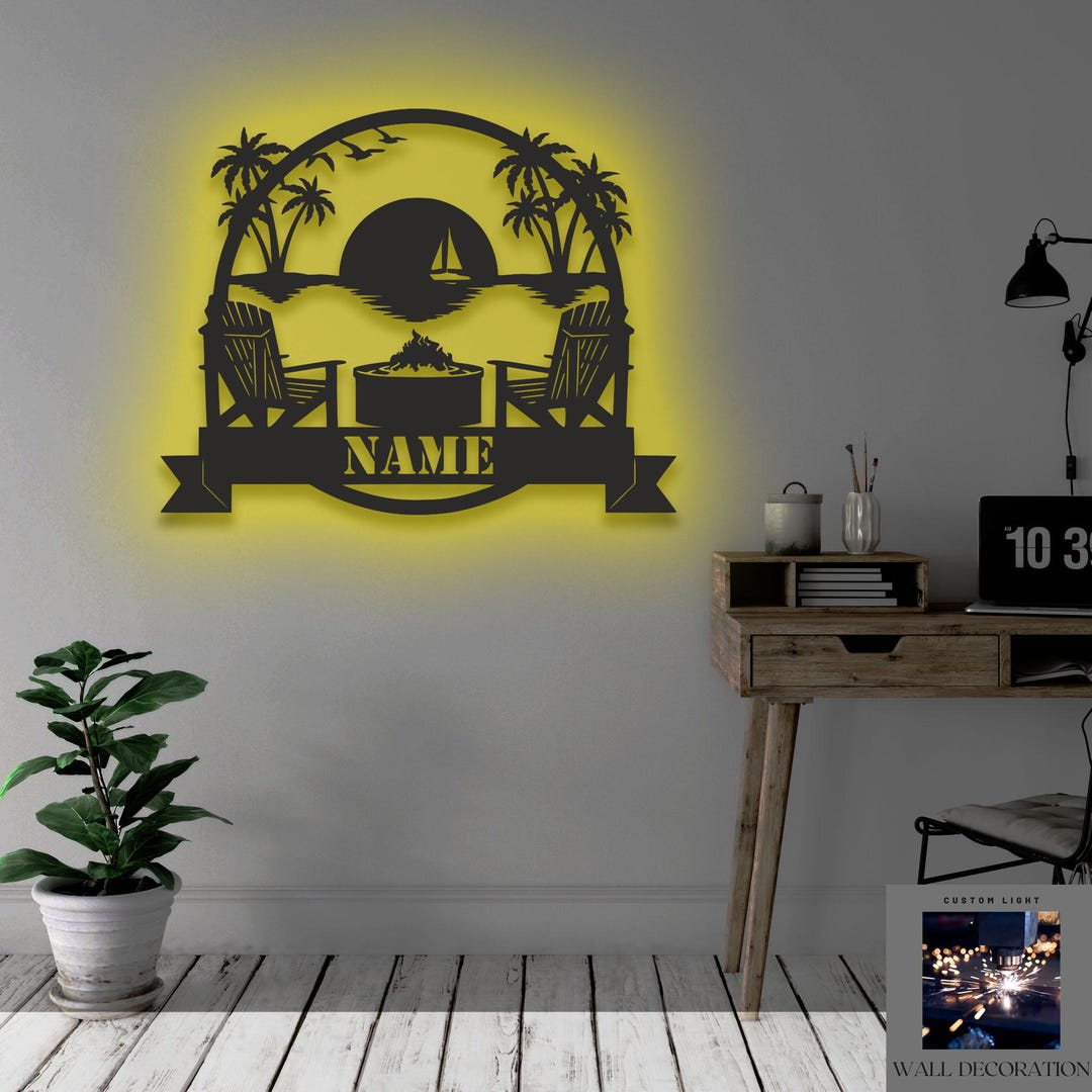 Personalized Beach Fire Pit Monogram Led Light Metal Wall Decoration ...