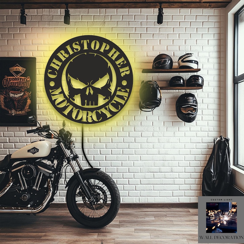 Custom Skull Metal Sign for Garage Decor, Motorcycle Skull LED Art ...