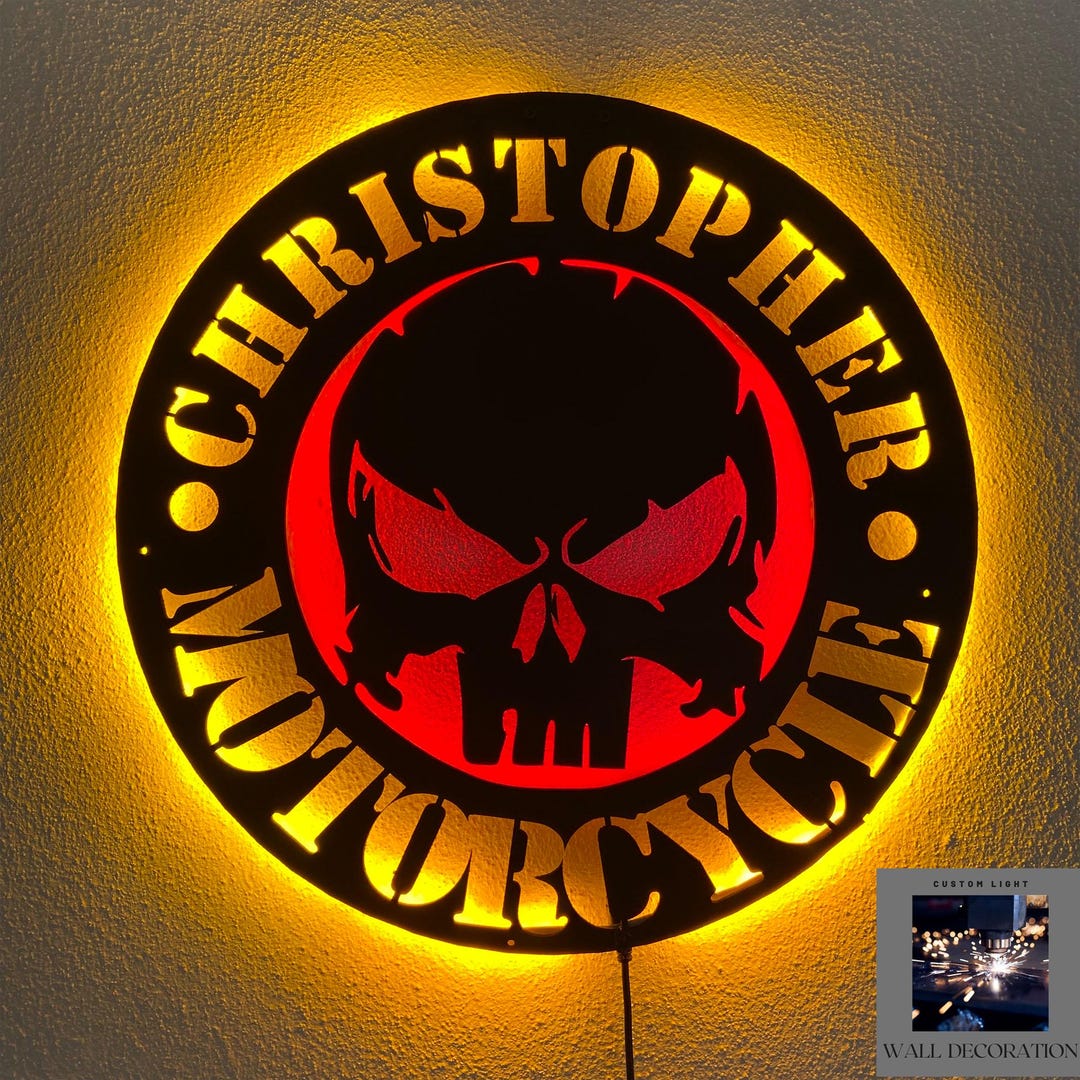 Custom Skull Metal Sign for Garage Decor, Motorcycle Skull LED Art ...