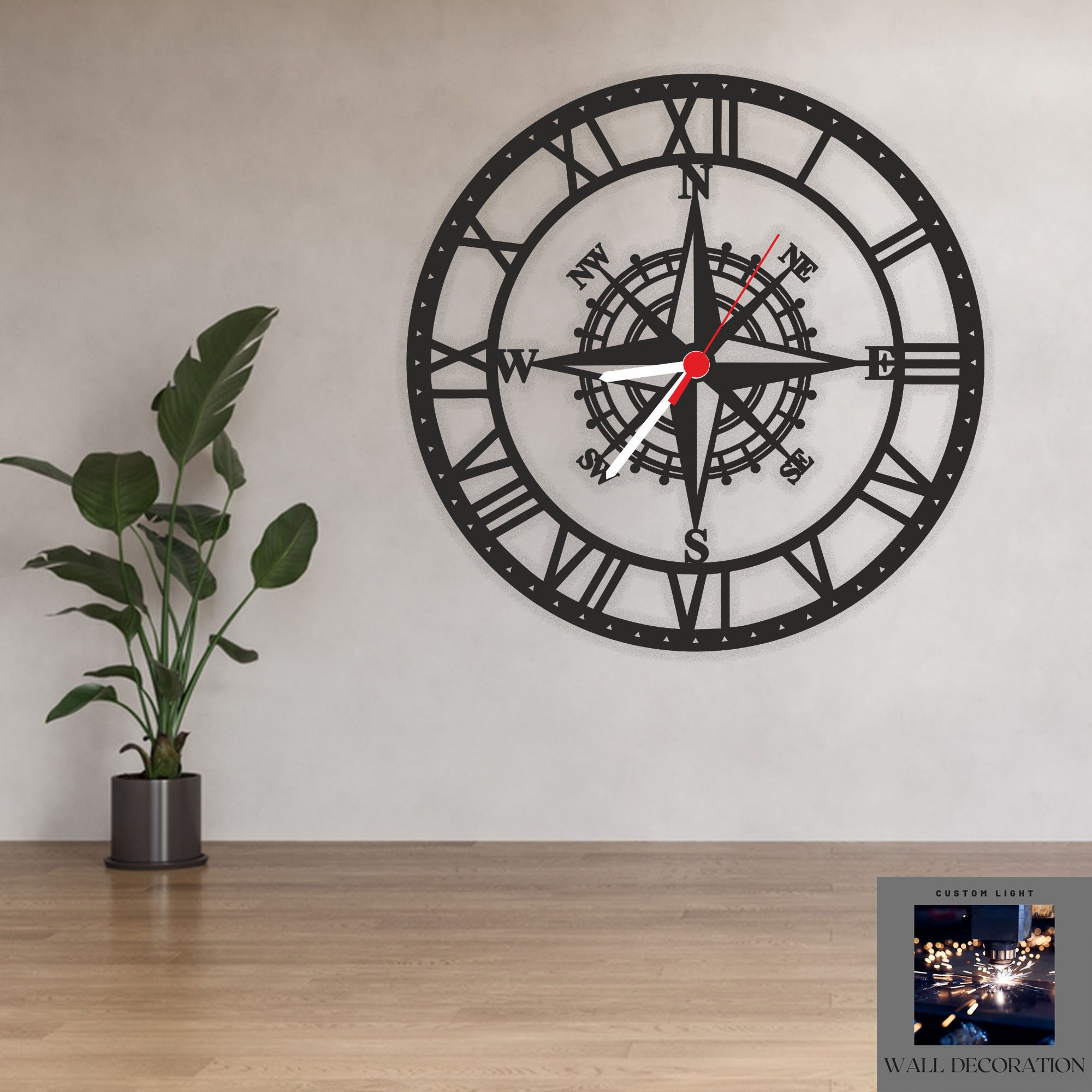 Compass Metal Wall Clock, Luxury Home Decor, Modern Clock, Silent Metal ...