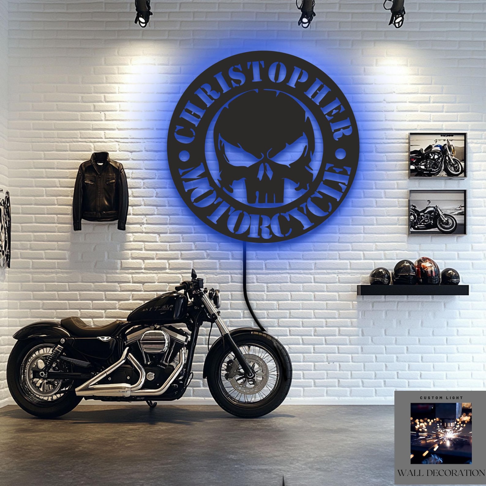 Custom Skull Metal Sign for Garage Decor, Motorcycle Skull LED Art ...