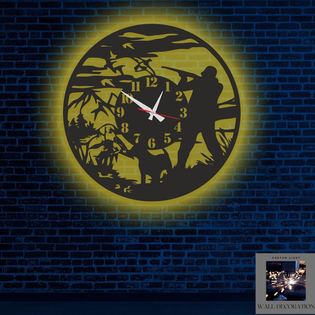 Lighted Hunter Silhouette Wall Clock With LED Light, Wildlife Hunter ...