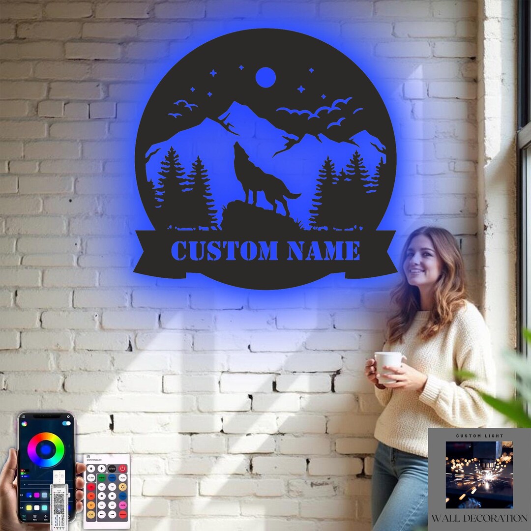 Custom Howling Wolf Metal RGB LED Wall Art, Illuminated Wilderness ...