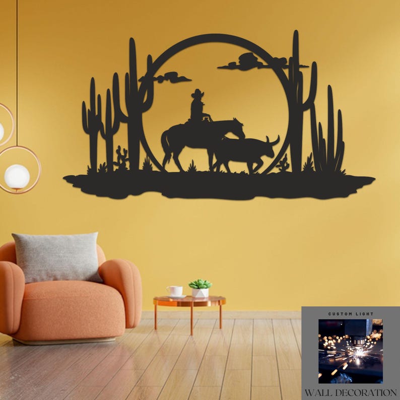 Cowboy Scene and Horse Metal Wall Decor, Rustic Western Cowboy ...