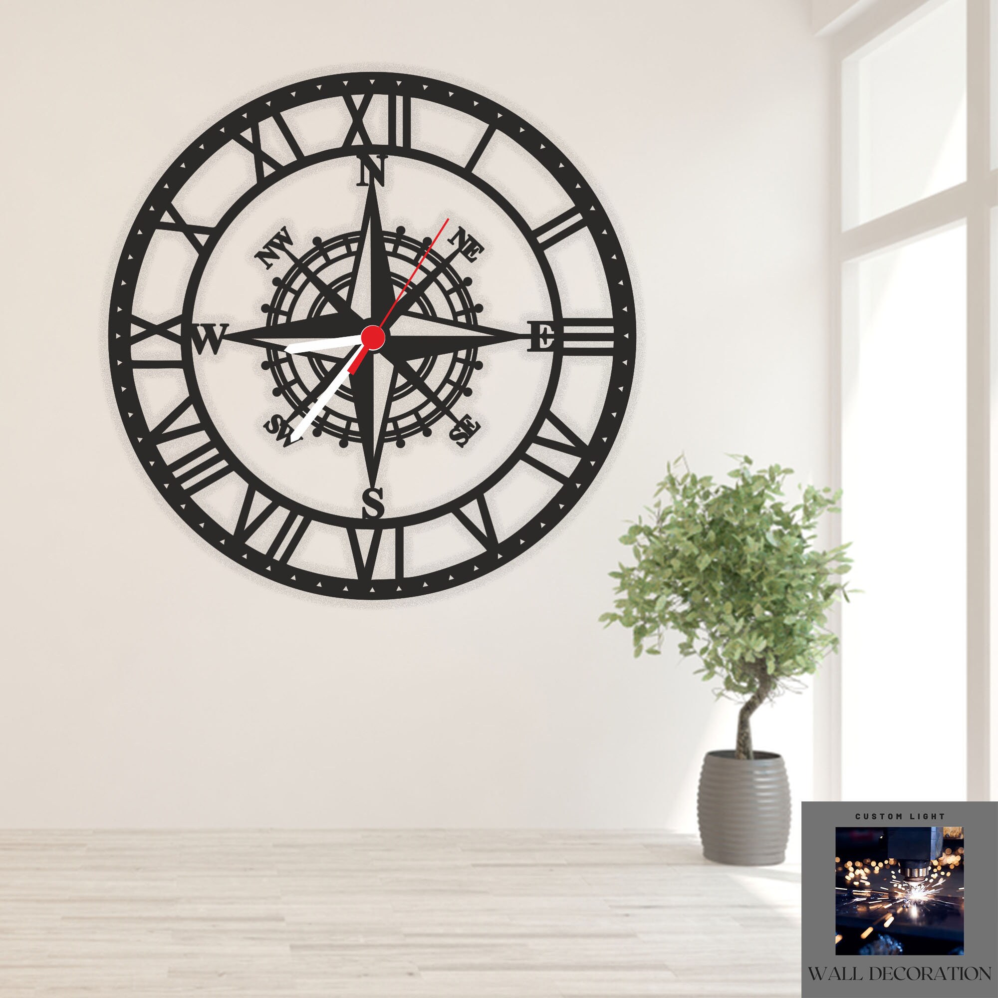 Compass Metal Wall Clock, Luxury Home Decor, Modern Clock, Silent Metal ...