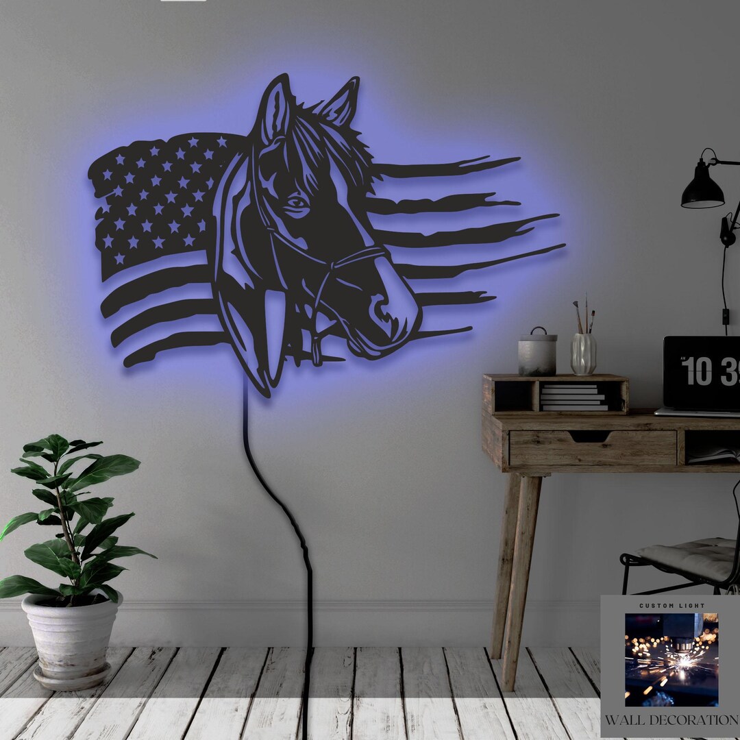 LED Horse Metal Wall Art: American Flag Patriotic Decor - Etsy