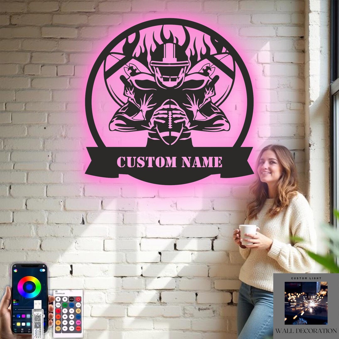 Custom Football Player RGB LED Lights Metal Wall Art Personalized ...