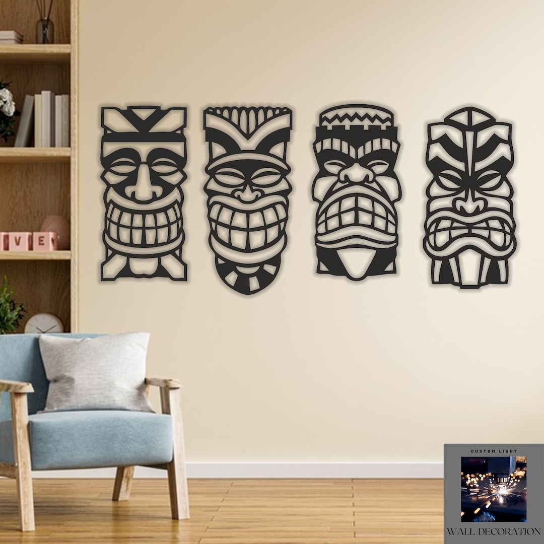 Tiki Mask Metal Wall Art: Tribal Aztec Mayan Decor, Set of 4 - Etsy